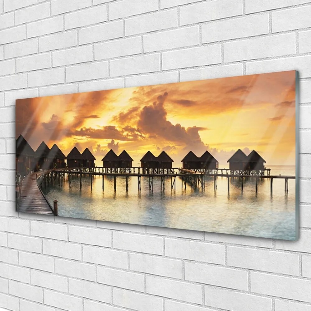 akrylový obraz Moře Prázdniny Domky 125x50 cm