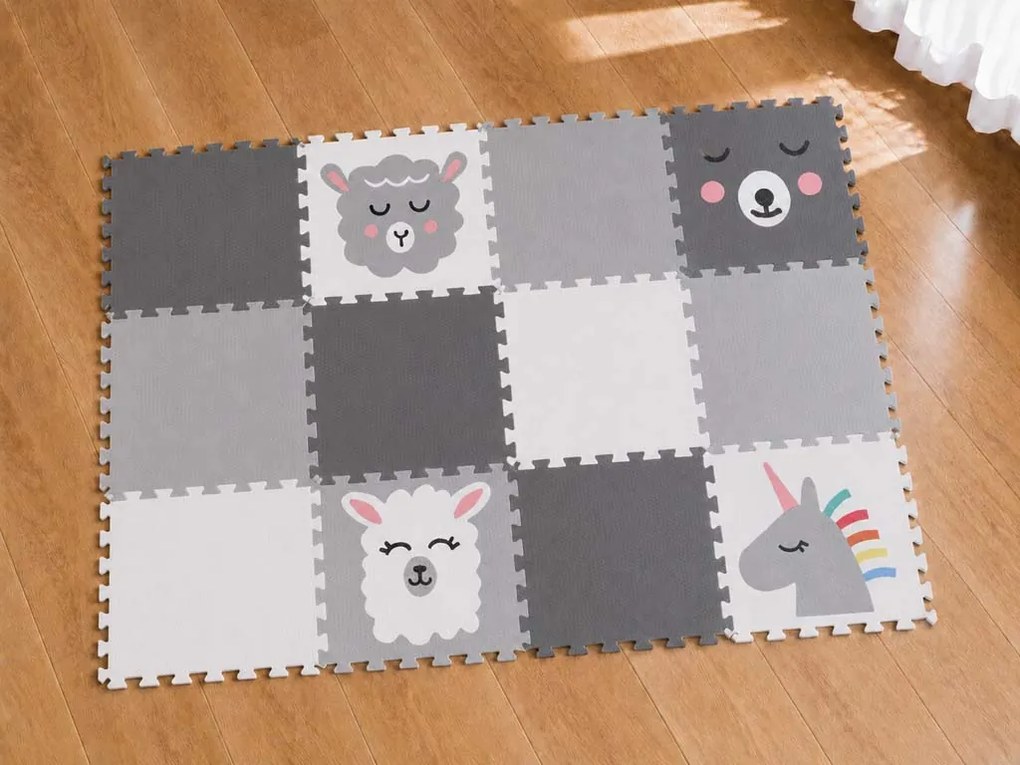 Pěnová podlaha puzzle 12 dílů ŠEDO-BÍLÁ se zvířátky
