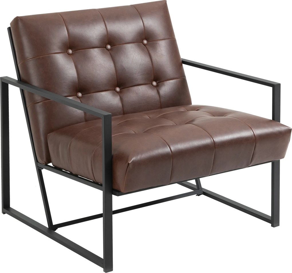 HOMCOM Chesterfield Křeslo Lounge Relaxační Křeslo S Polstrovaným Sedákem a Opěrkou Hlava Černý Kovový Rám Umělá Kůže Čokoládová