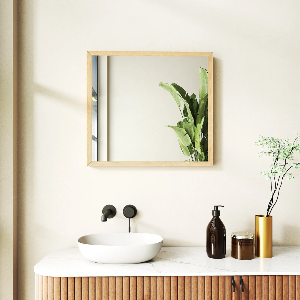 HOMCOM nástěnné čtvercové zrcadlo 50 x 50 cm, rám z přírodního dřeva, ideální do koupelny, obývacího pokoje nebo ložnice
