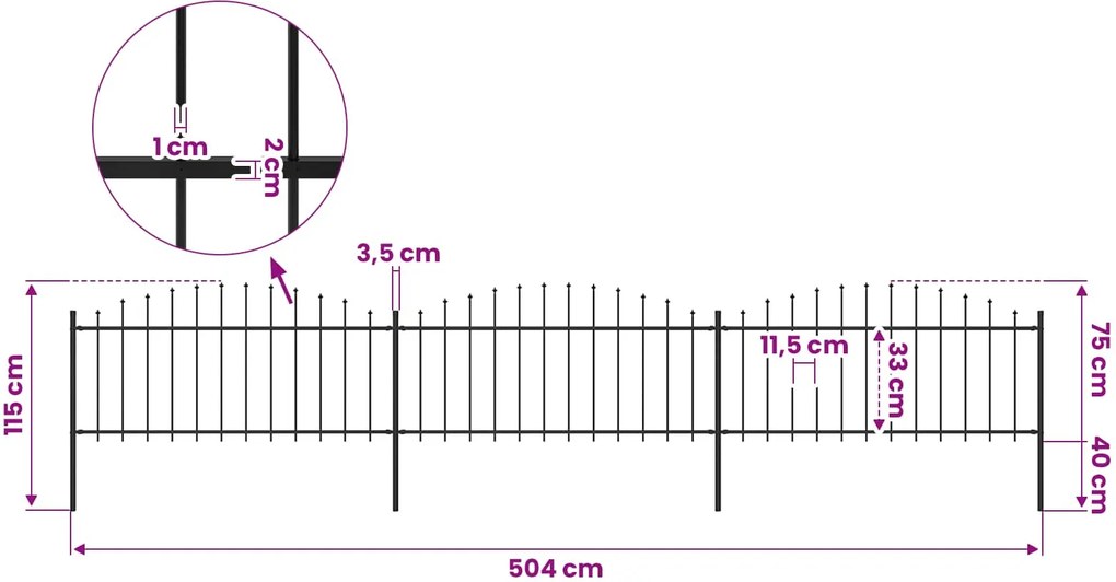 Zahradní plot s kopím nahoře ocelový 504 x 75 cm černý 277705