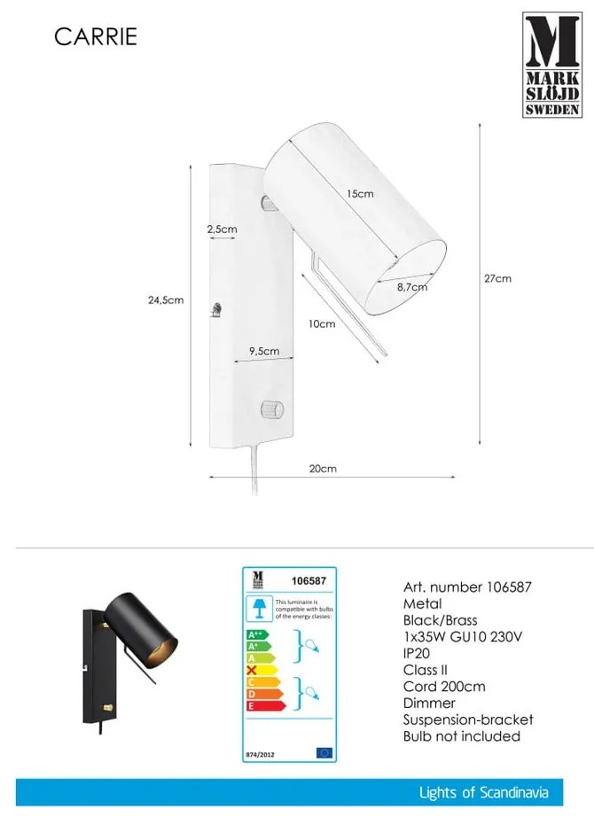 Černé nástěnné svítidlo Markslöjd Carrie