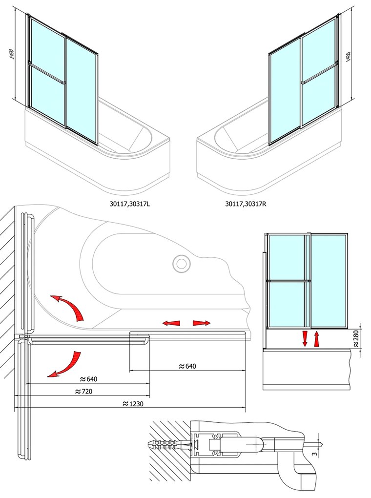 Polysan, OLBIA pneumatická vanová zástěna 1230mm, stříbrný rám, čiré sklo, 30317
