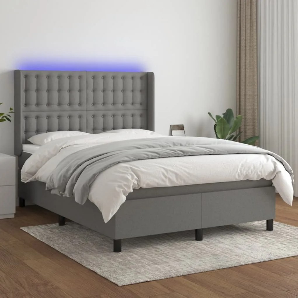 Box spring postel s matrací a LED tmavě šedá 140x200 cm textil