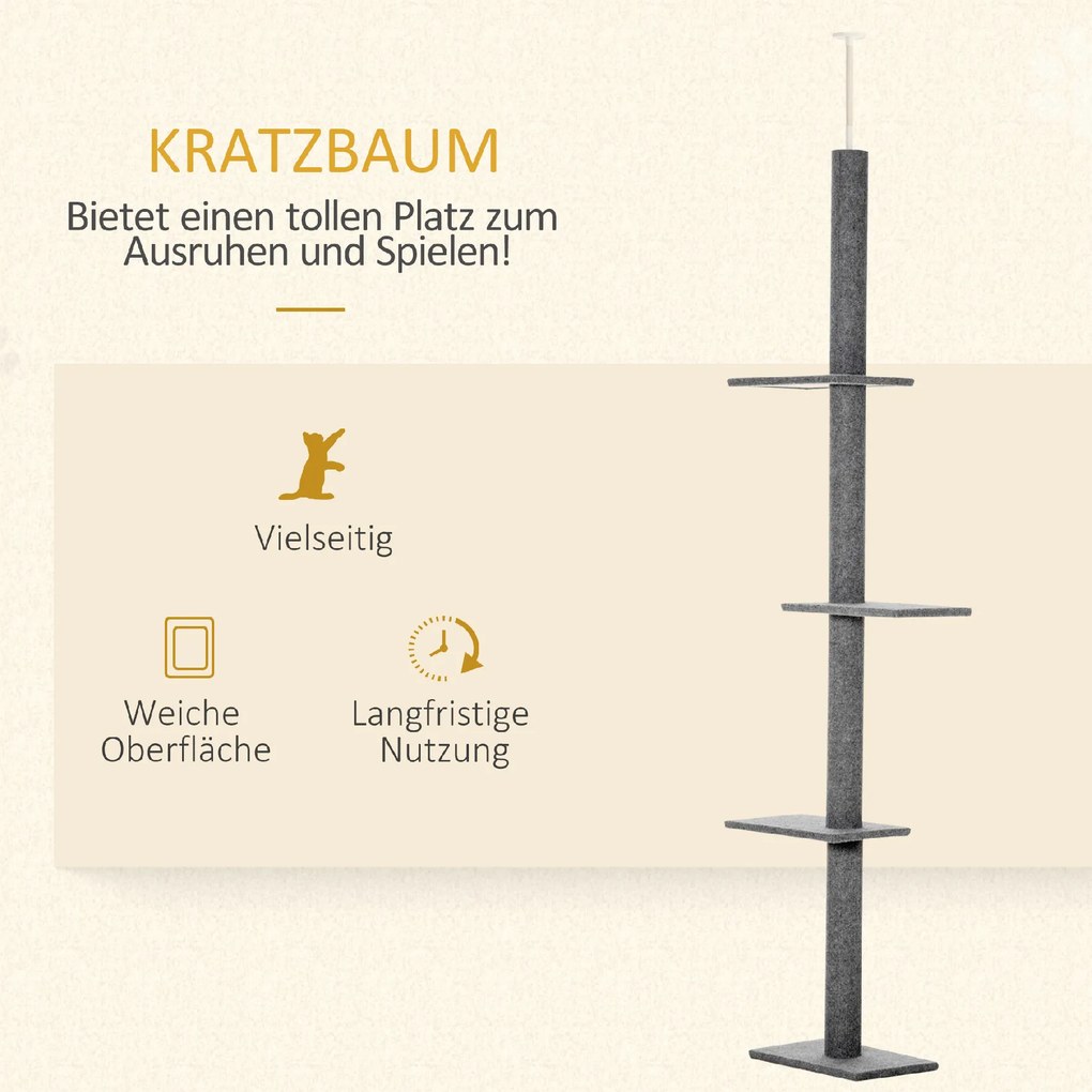 PawHut výškově nastavitelné škrabadlo 228-260 cm stropní strom pro kočky Šplhací strom pro kočky Šedý pro aktivní hru a odpočinek | Aosom.de