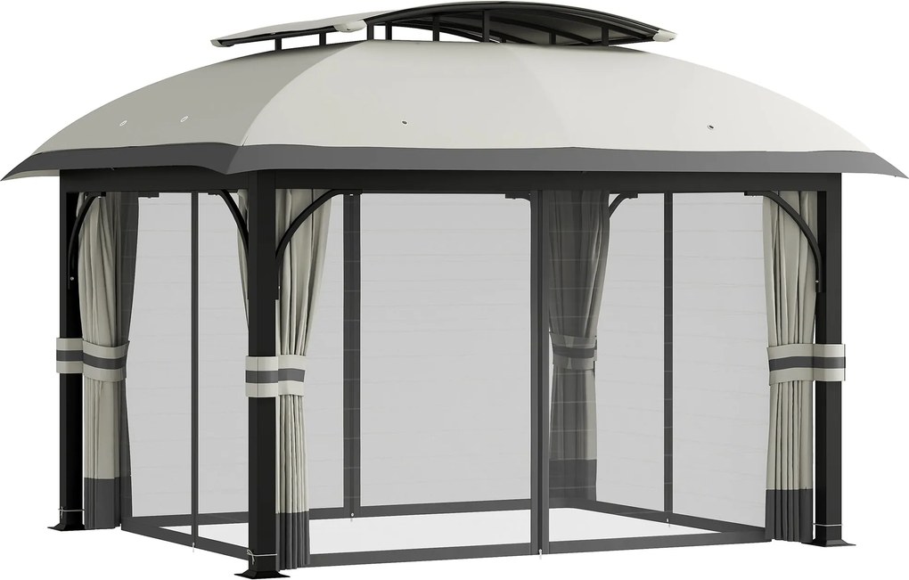 Outsunny Pavilón s Dvojitou Střechou, 4x3,3m Vodotěsný Pevný Zimní Zahradní Pavilón s Moskytiérou a Bočními Panely, Zahradní Pavilón z Pozinkovaného K