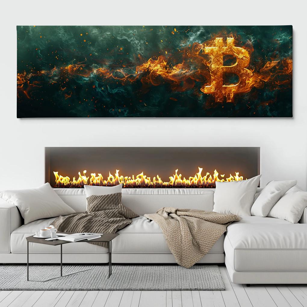 Obraz na plátně - Bitcoin in Fire Emerald FeelHappy.cz Velikost obrazu: 180 x 60 cm