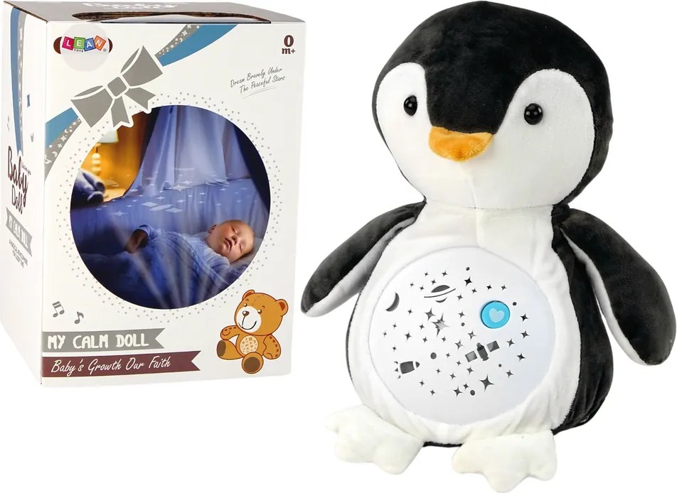 LEAN Toys Plyšový medvídek, který uspává – světla, zvuky, noční a denní režim – tučňák