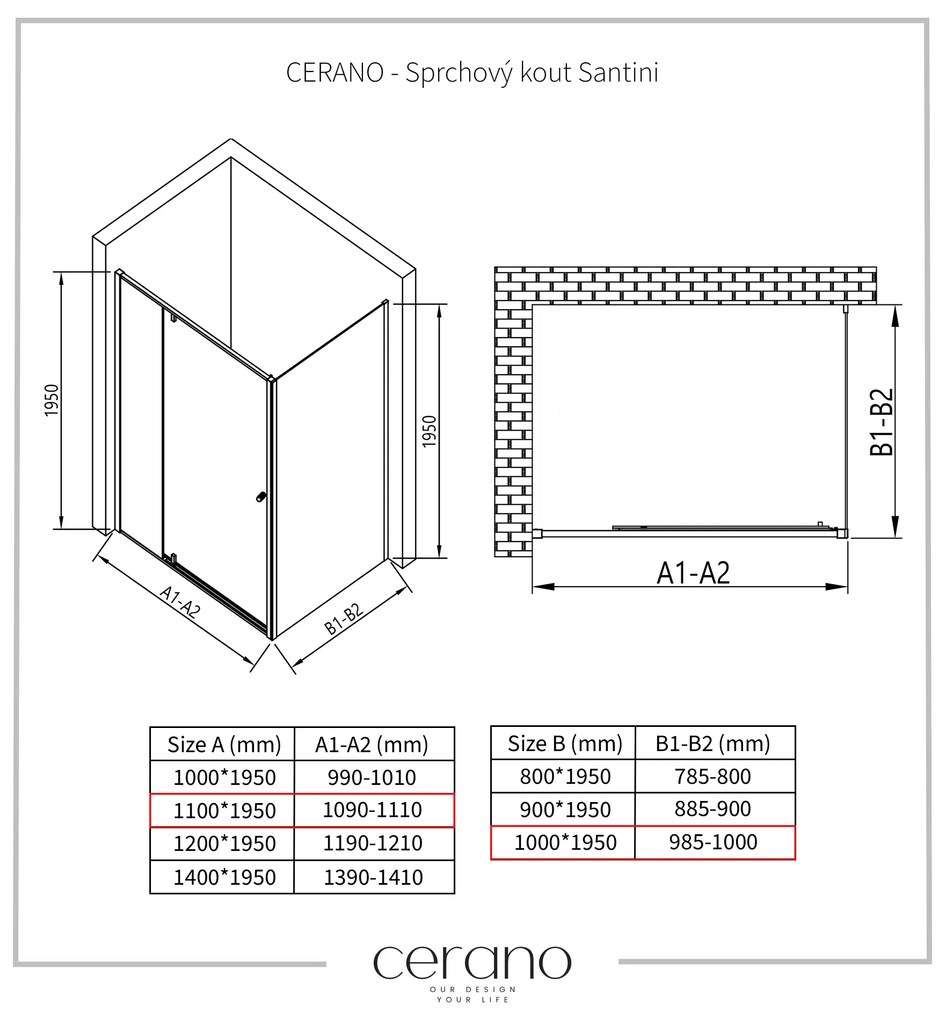 CERANO - Sprchový kout Santini L/P - černá matná, transparentní sklo - 110x100 cm - křídlový