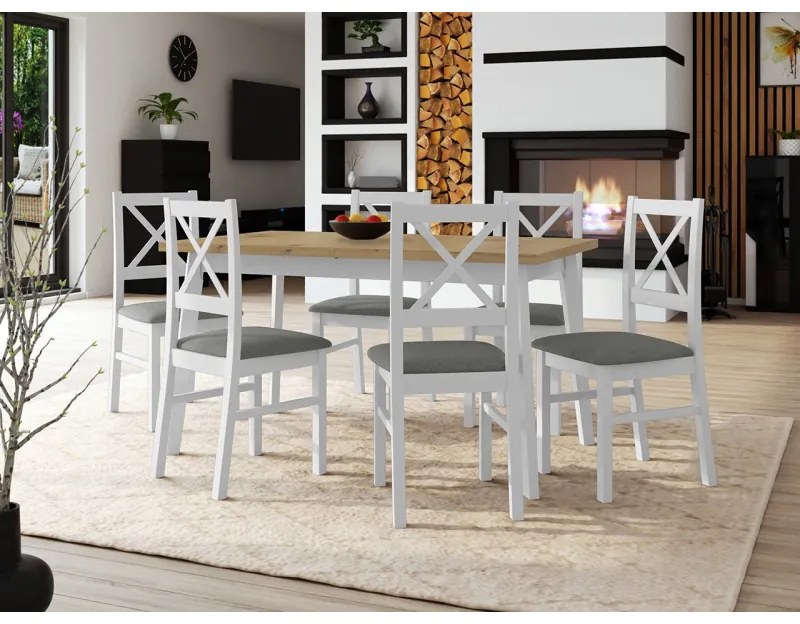 Stůl se 6 židlemi - AL43, Barva dřeva: dub artisan - L, Potah: Kronos 7, Barvy nožiček: Bíla