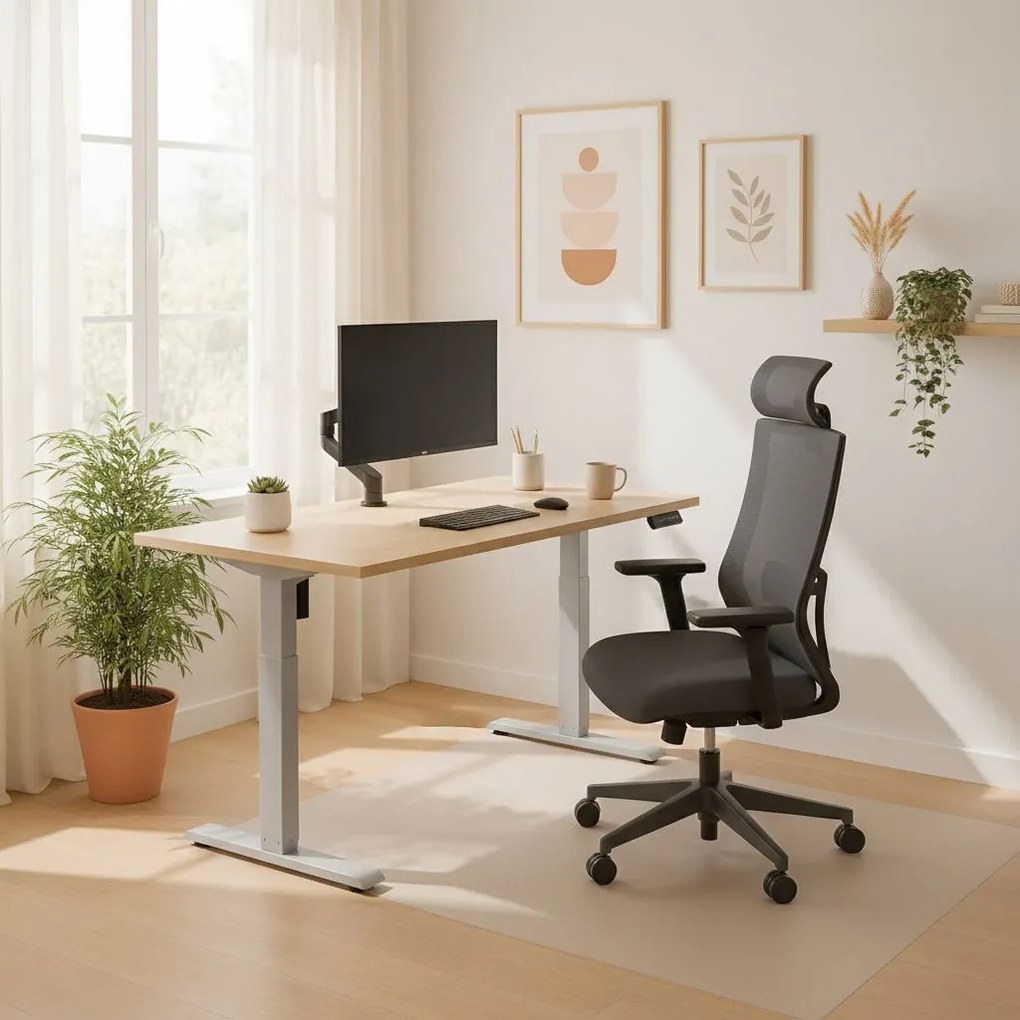Výškově nastavitelný stůl OfficeTech B, 140 x 80 cm, šedá podnož, dub
