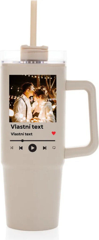 Personalizovaná cestovní termoska s průhledným víčkem s motivem přehrávače