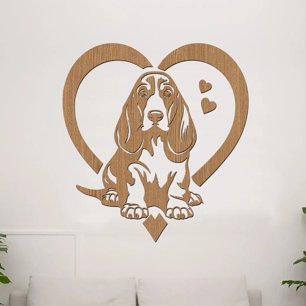 dřevo života Dřevěná samolepka Basset Hound v srdci Zvolte rozměr (cm): 37x40, Zvolte barvu dekoru: Ořech