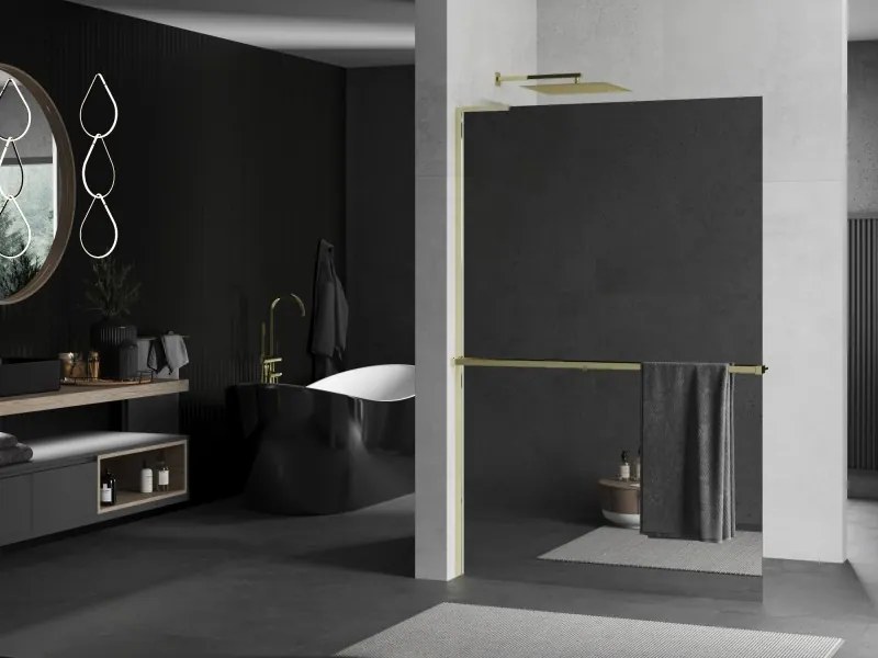 Mexen Kioto+ L, sprchová zástěna Walk-In s poličkou a věšákem 90 x 200 cm, 8mm sklo vzor zrcadlo, zlatý lesklý profil, 800-090-123-50-50