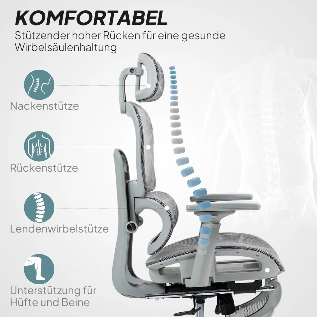 HOMCOM Kancelářská židle, ergonomická židle k psacímu stolu s potahem ze síťoviny, nastavitelná, na kolečkách, s opěrkami rukou, opěrkou hlavy, šedá