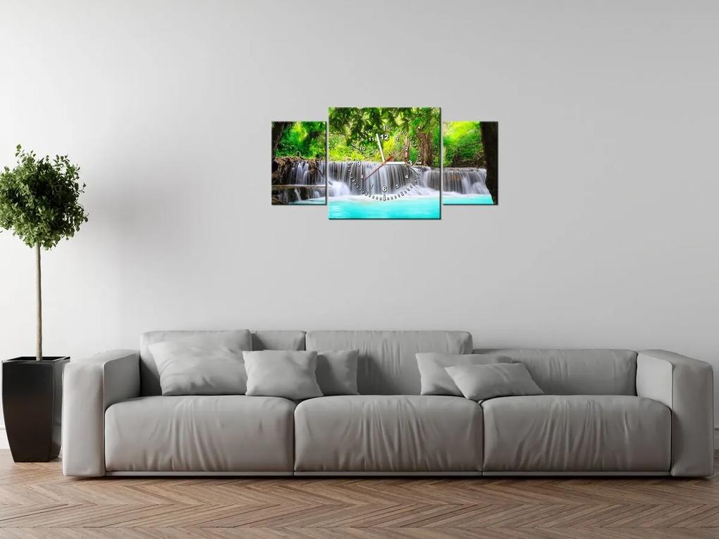 Gario Obraz s hodinami Nádherný vodopád v Thajsku - 3 dílný Rozměry: 100 x 70 cm