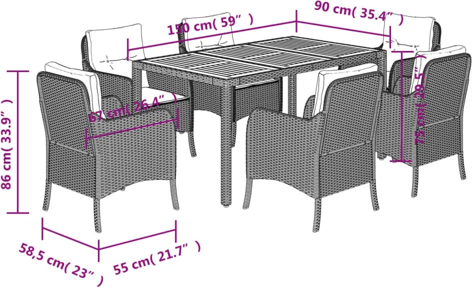 7dílný zahradní jídelní set s poduškami černý polyratan 3211863