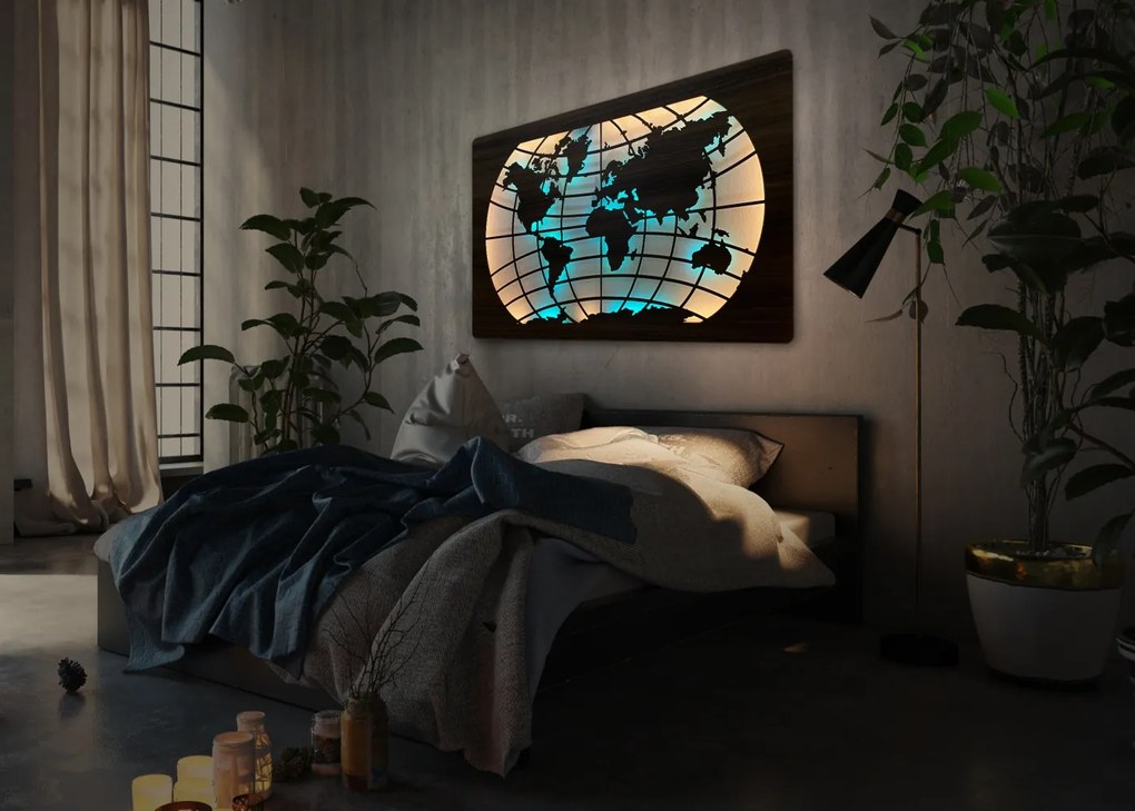 Li-Go "Mapa světa rovnoběžky" světelný RGBW obraz 230V 125x74cm provedení povrchu: dub