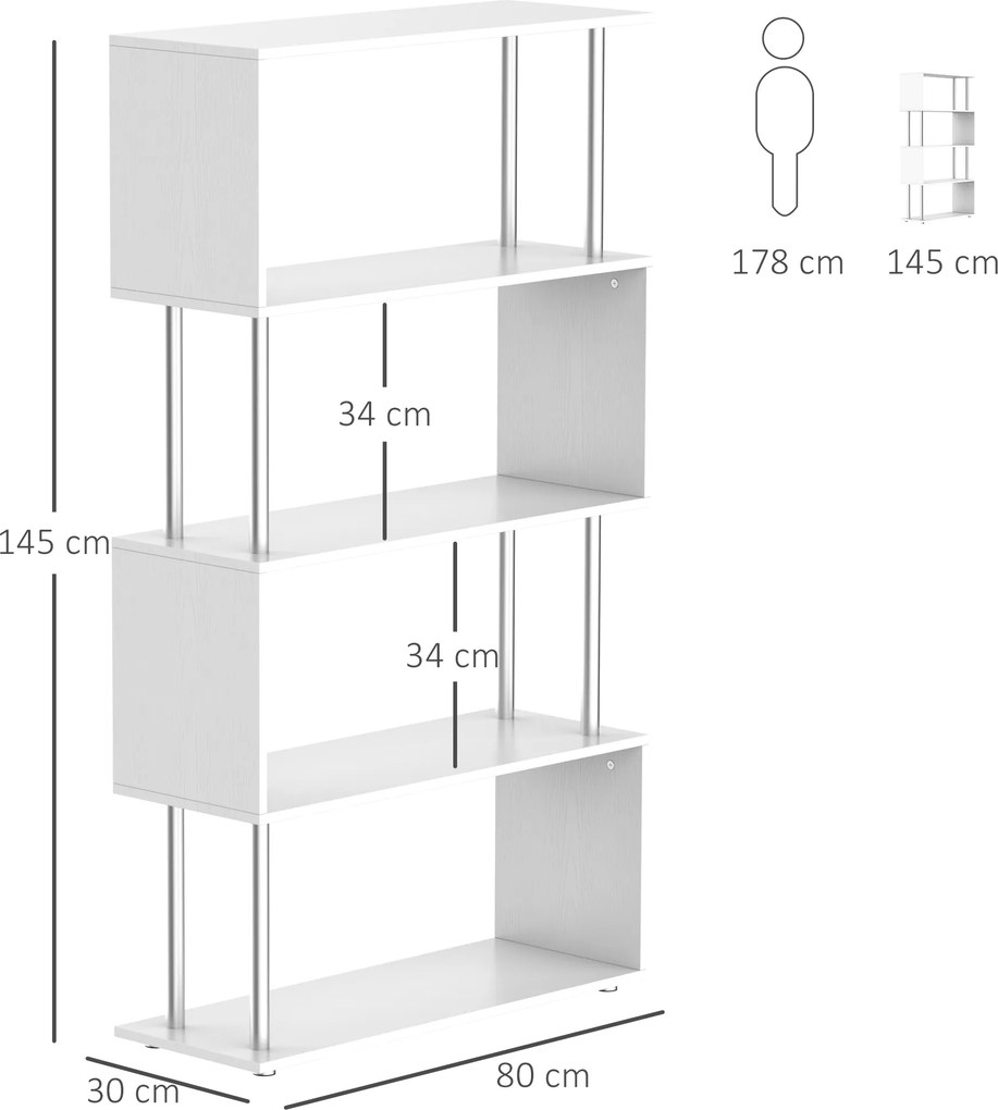 HOMCOM S-typová knihovna, 4-patrová policová jednotka pro obývací pokoj, kancelář a studovnu 80x30x145 cm, bílá