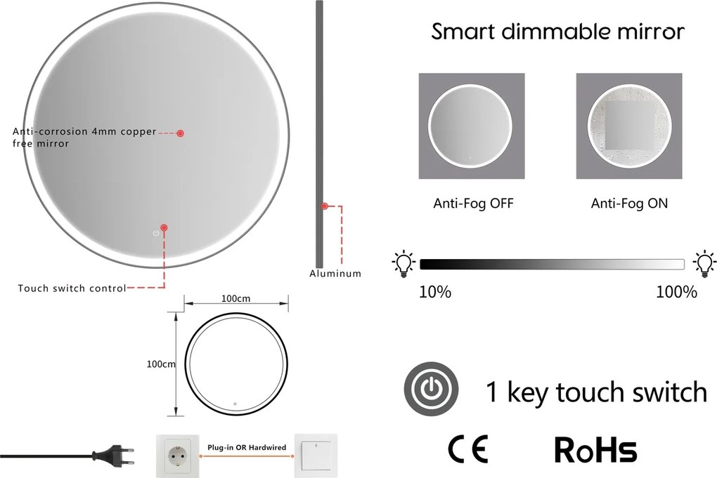 Erga Olivia, kulaté LED zrcadlo 100cm, černý kovový rám, 2300 lm, 6500K, přední osvětlení, ERG-V01-202-1010-BK
