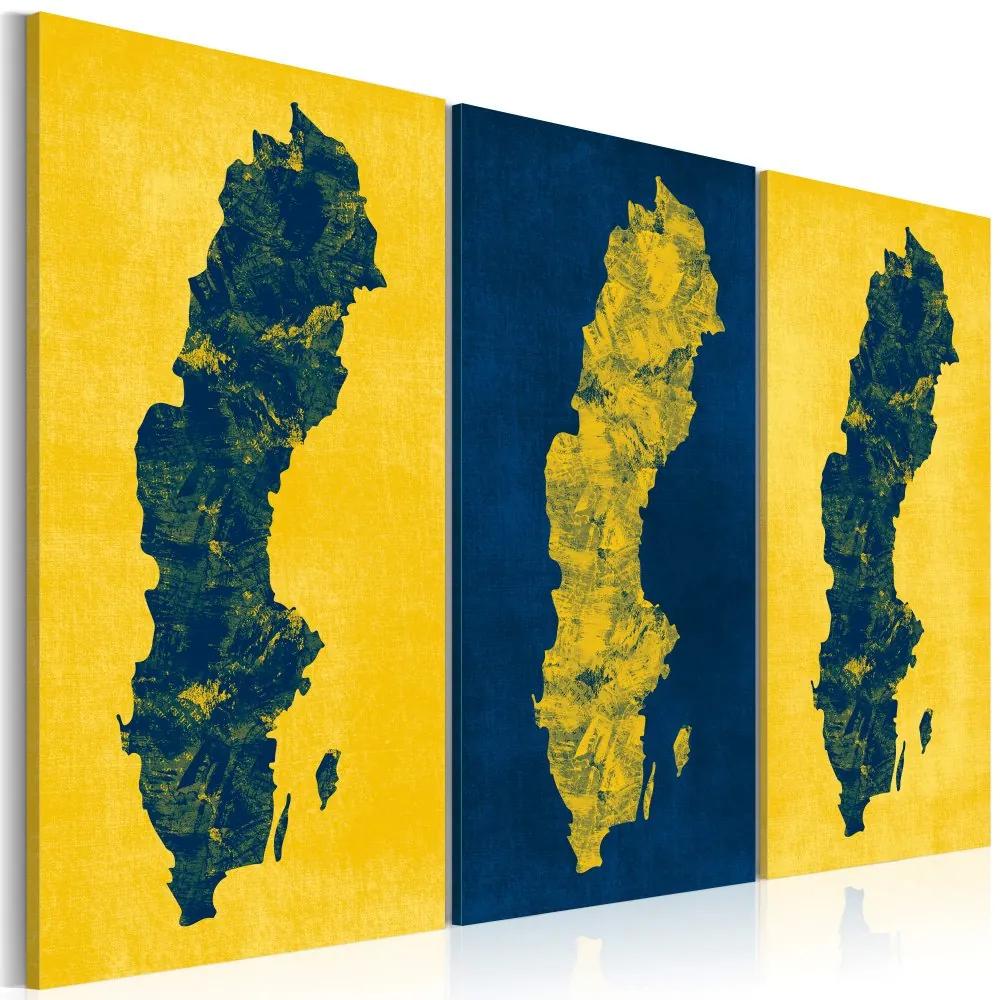 Obraz na plátně Bimago - Painted map of Sweden - triptych 60x40 cm