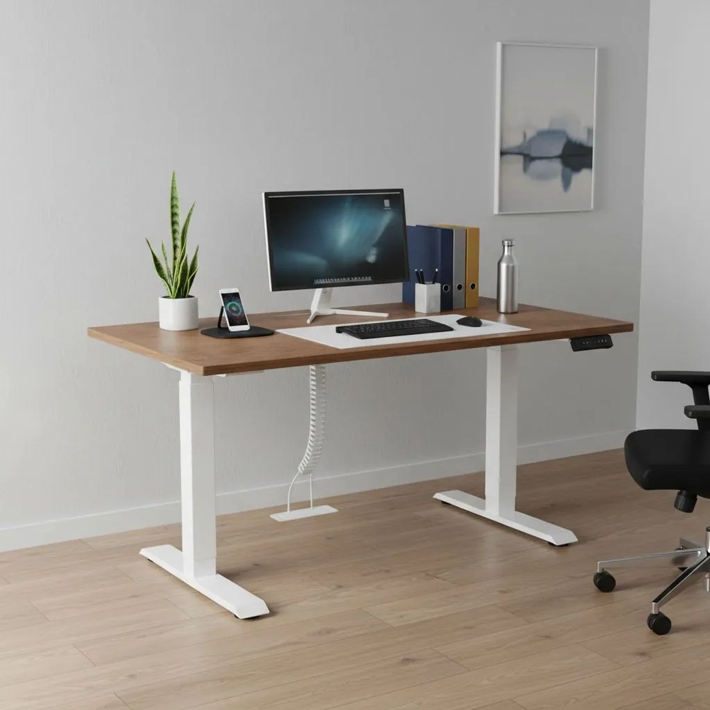 Výškově nastavitelný stůl OfficeTech D, 140 x 80 cm, bílá podnož, dub silverjack
