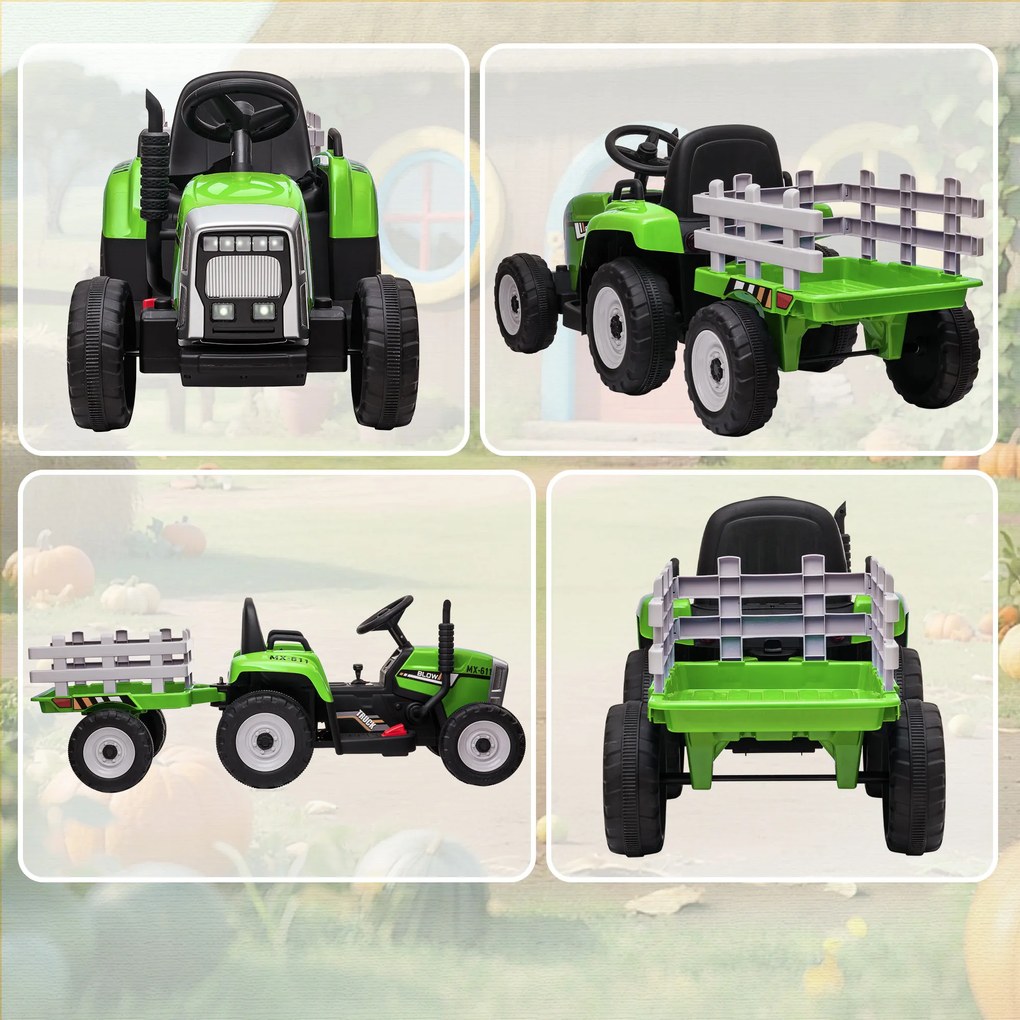 HOMCOM Elektrický traktor s přívěsem, dětské elektrické autíčko na dálkové ovládání, dětský traktor s funkcí MP3, světlomety | Aosom
