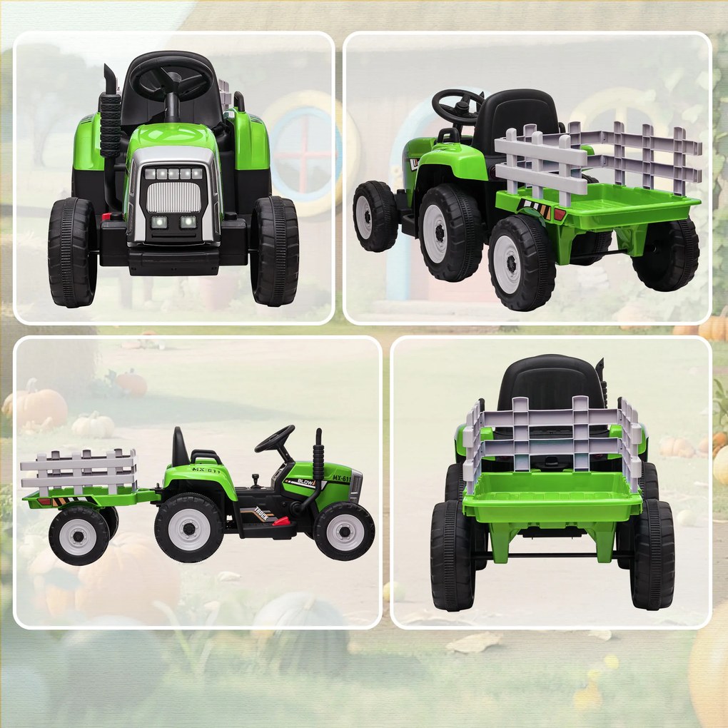 HOMCOM Elektrický traktor s přívěsem, dětské elektrické autíčko na dálkové ovládání, dětský traktor s funkcí MP3, světlomety