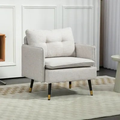 HOMCOM moderní lounge křeslo z lnu s opěrkami rukou, polstrovaný sedák a kovové nohy, 76x68x80 cm, krémová