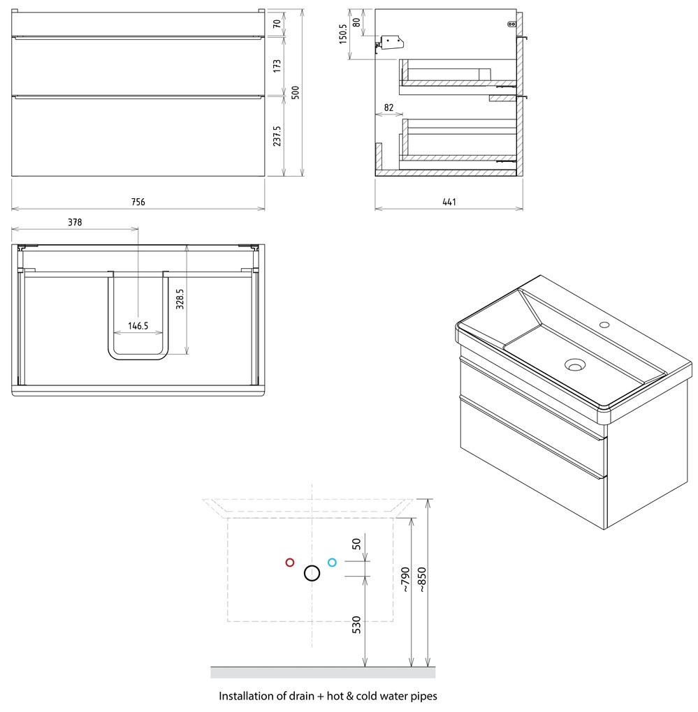 Sapho Sapho, SITIA umyvadlová skříňka 75,6x50x43,4cm, 2x zásuvka, bílá matná, SI080-3131