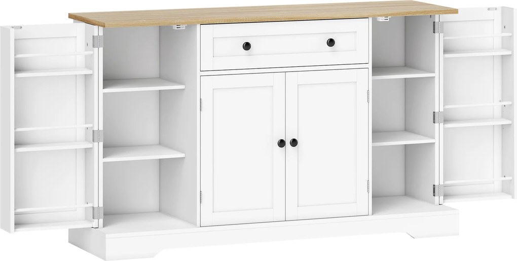 HOMCOM Komoda do kuchyně se 4 dveřmi a zásuvkou, nastavitelné police, police na dveře, příborník do kuchyně, jídelny nebo obýváku, 138 × 40 × 85 cm, …
