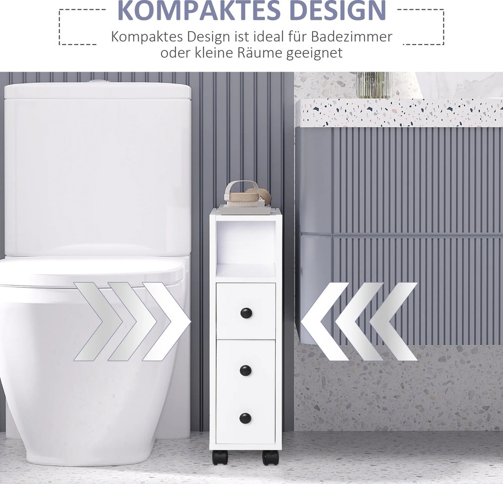Kleankin koupelnová skříňka na kolečkách – pomocná koupelnová skříňka s otevřenou policí, dveřmi a zásuvkou pro malé prostory 18x30x68,5 cm Bílá