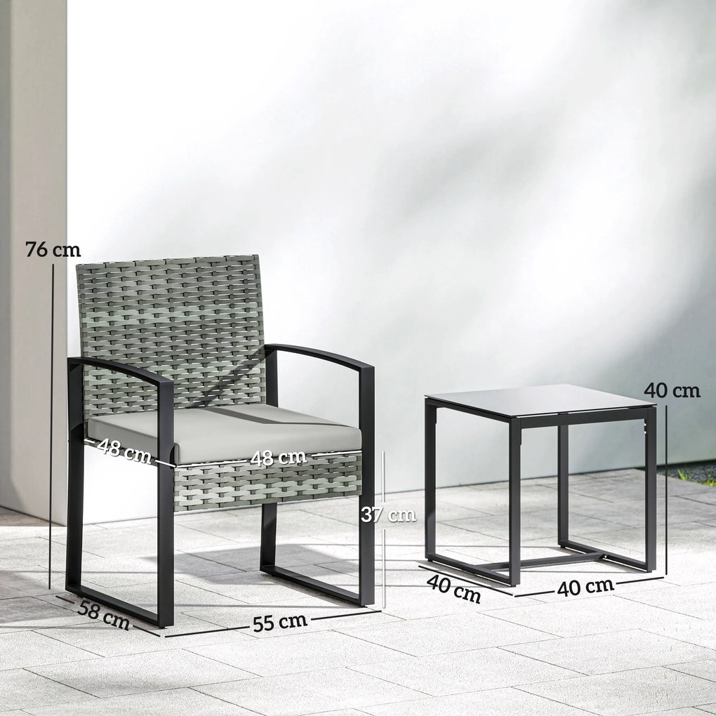 Outsunny Ratanový bistro set, 3dílná sada zahradního nábytku se 2 zahradními židlemi, konferenčním stolkem, odnímatelnými polštáři, světle šedý