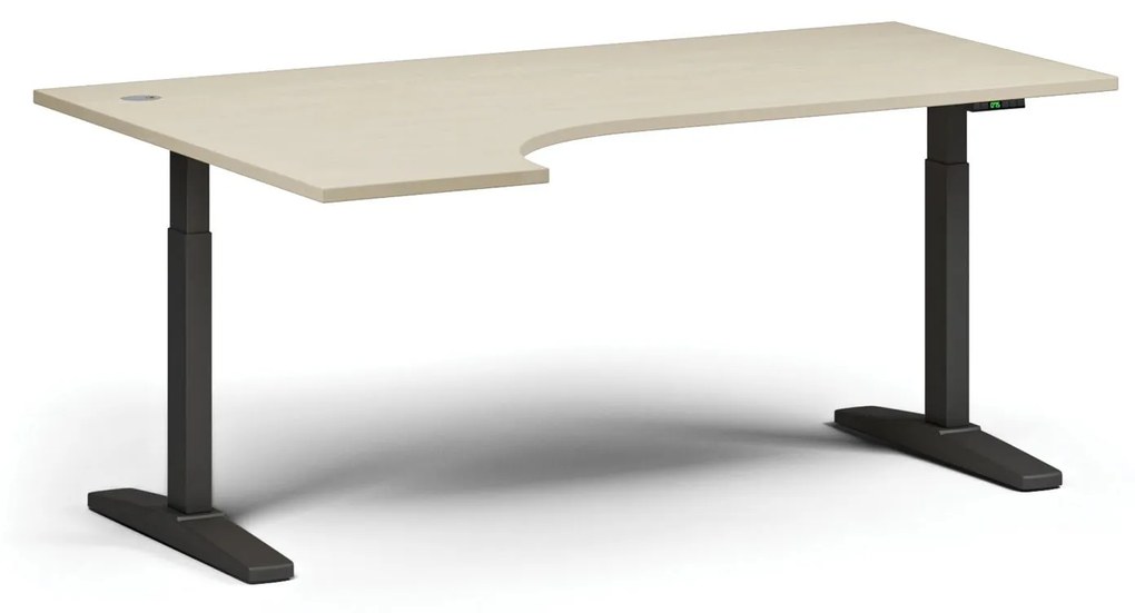 Výškově nastavitelný stůl, elektrický, 675-1325 mm, rohový levý, deska 1800x1200 mm, černá podnož, bříza