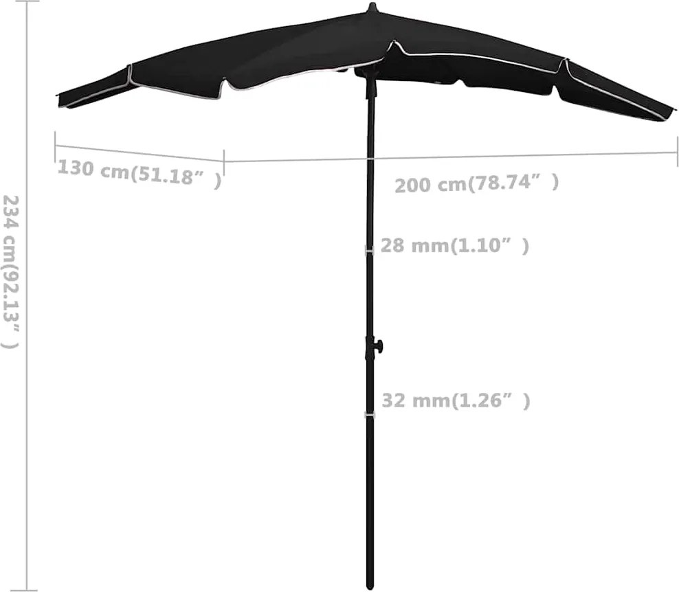 Zahradní slunečník s tyčí 200 x 130 cm černý 315557