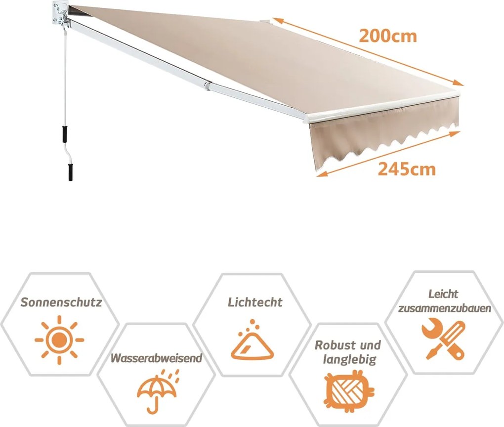 Costway Výsuvná markýza hliníková sluneční ochrana na terasu – 245 × 200 cm