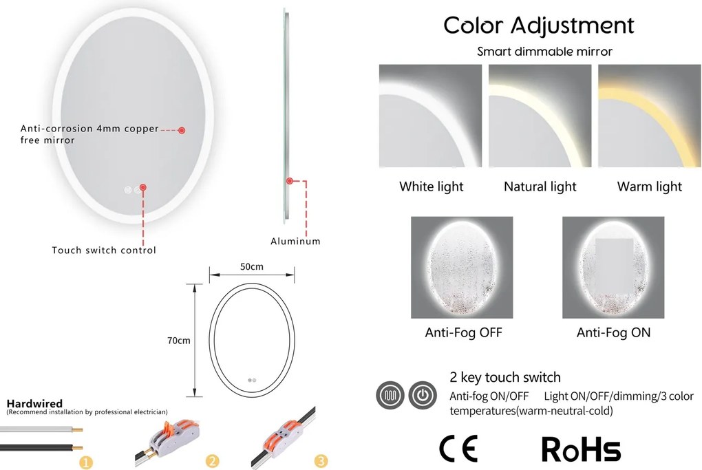 Erga Paola, oválné LED zrcadlo 50x70cm, 1725 lm, 3 barvy světla, přední a zadní osvětlení, ERG-V01-302-5070-00