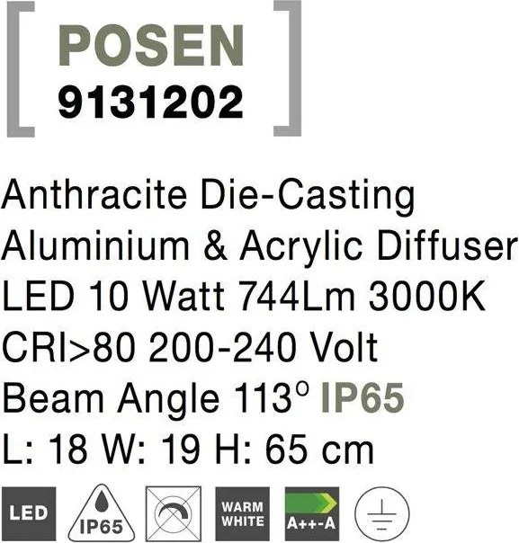 NV 9131202 Venkovní nástěnné svítidlo POSEN antracitový hliník a akrylový difuzor LED 10W 3000K 200-240V 113st. IP65 - NOVA LUCE