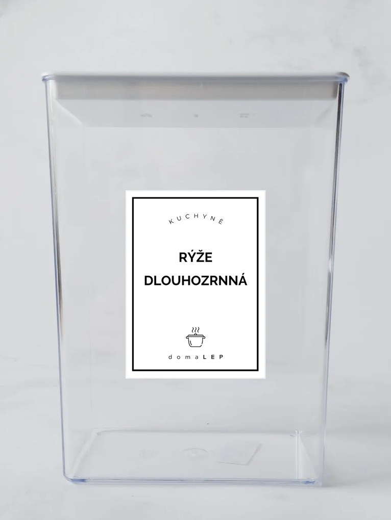 RÝŽE DLOUHOZRNNÁ– bílá samolepka na dózu, tučné písmo, 6 x 8 cm | DomaLEP