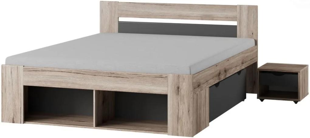 Manželská postel 160x200 cm s úložným prostorem a nočními stolky v kombinaci dub wellington a šedý antracit KN024