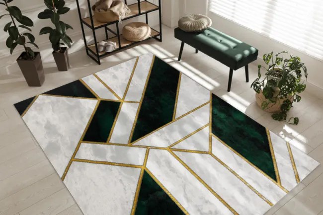 Koberec EMERALD exkluzivní 1015 glamour, styl marmur, geometrický lahvově zelený/zlatý