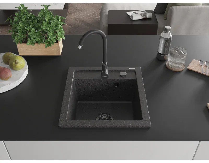 Mexen Vito, granitový dřez 520x490x210 mm, 1-komorový, černá-skvrny s černým sifonem, 6503521000-76-B