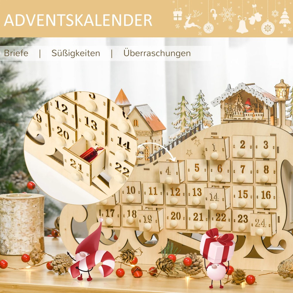 HOMCOM Adventní kalendář k naplnění s 24 zásuvkami, LED světly, ve tvaru saní, DIY vánoční kalendář, odpočítávací kalendář k Vánocům, dárek pro děti …