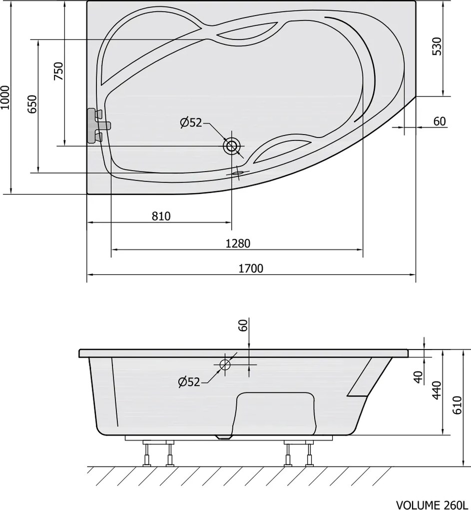 Polysan MAMBA L asymetrická vana 170x100x44cm, bílá 76111