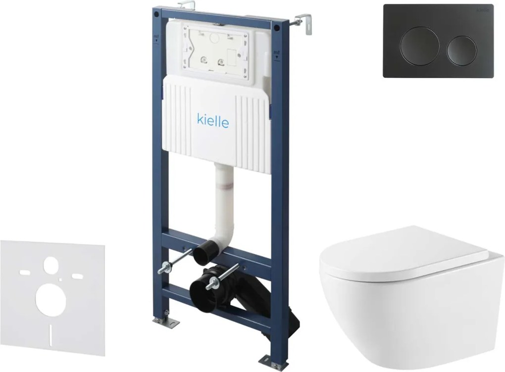 kielle Genesis New - Set předstěnové instalace, klozetu Oudee, Vortex Rimless+, sedátka softclose a tlačítka Gemini New I, matná černá 30528SS66