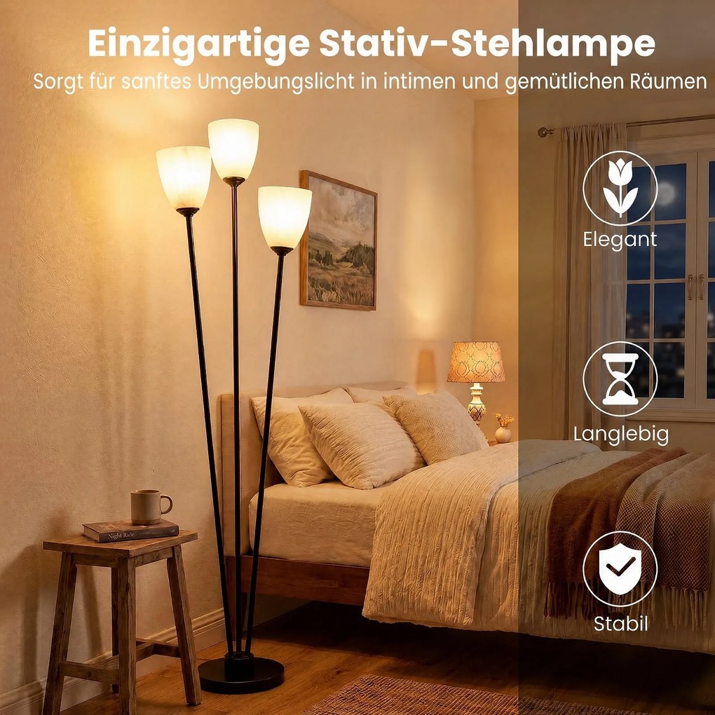 Costway Stojací lampa153cm stojací lampa s3E27- patice lampiček na čtení3Flamey