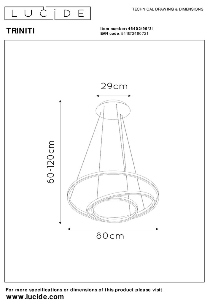 Lucide 46402/99/31 závěsné LED svítidlo Triniti bílé, 32W, 42W, 62W, 3000K, ø80cm