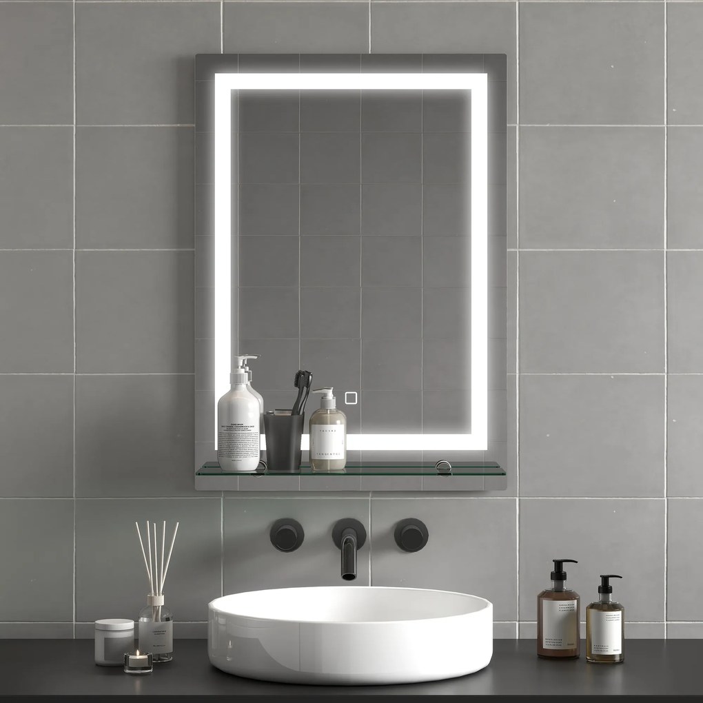 kleankin LED koupelnové zrcadlo, stmívatelné, proti páře, dotykový vypínač, polička, 50 x 70 cm, Stříbrná