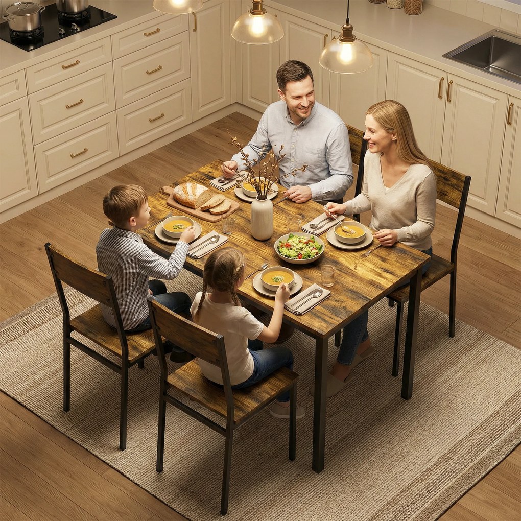 HOMCOM Jídelní set se 4 židlemi, kuchyňský stůl pro 4 osoby, kovové nohy, rustikální hnědá