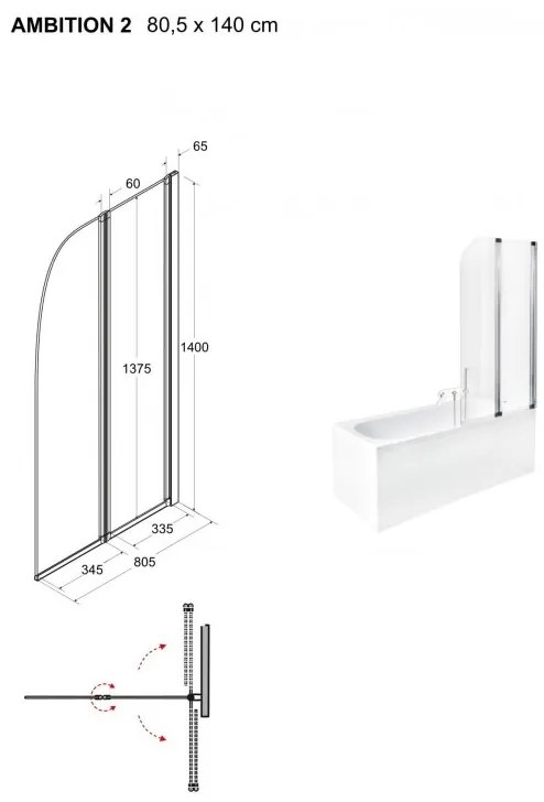 BESCO Vanová zástěna AMBITION 2 BARVA rámu - Chrom/Leštěný hliník (ALU), Rozměr A - 80.5 cm, Směr zavírání - Univerzální Levé / Pravé, Výplň - Čiré bezpečnostní sklo - 4 mm BCAMB2CC